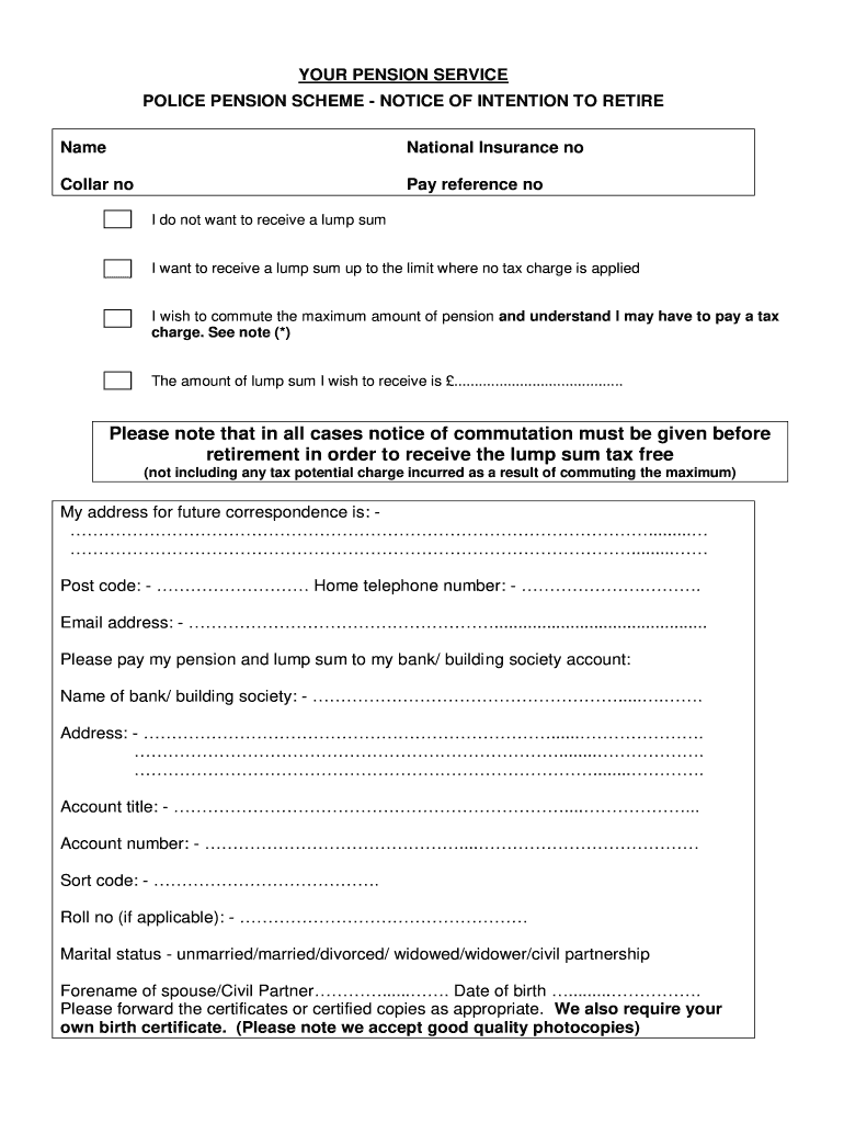 Fillable Online Notice of intention to retire - Your Pension Service ...