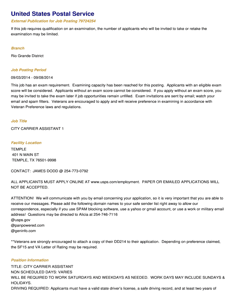 Fillable Online United States Postal Service hiring MAIL PROCESSING ...