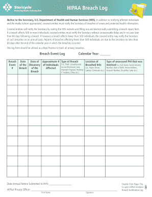 Fillable Online HIPAA Breach Log - Stericycle Fax Email Print - pdfFiller