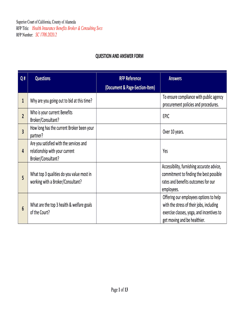 Fillable Online QUESTION AND ANSWER FORM Q # Questions RFP Reference ...