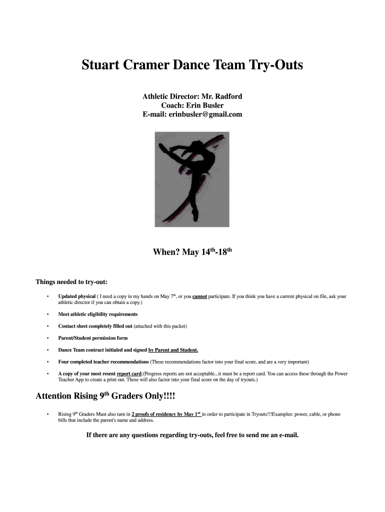 Fillable Online Stuart Cramer Dance Team Try-Outs - Gaston County ...