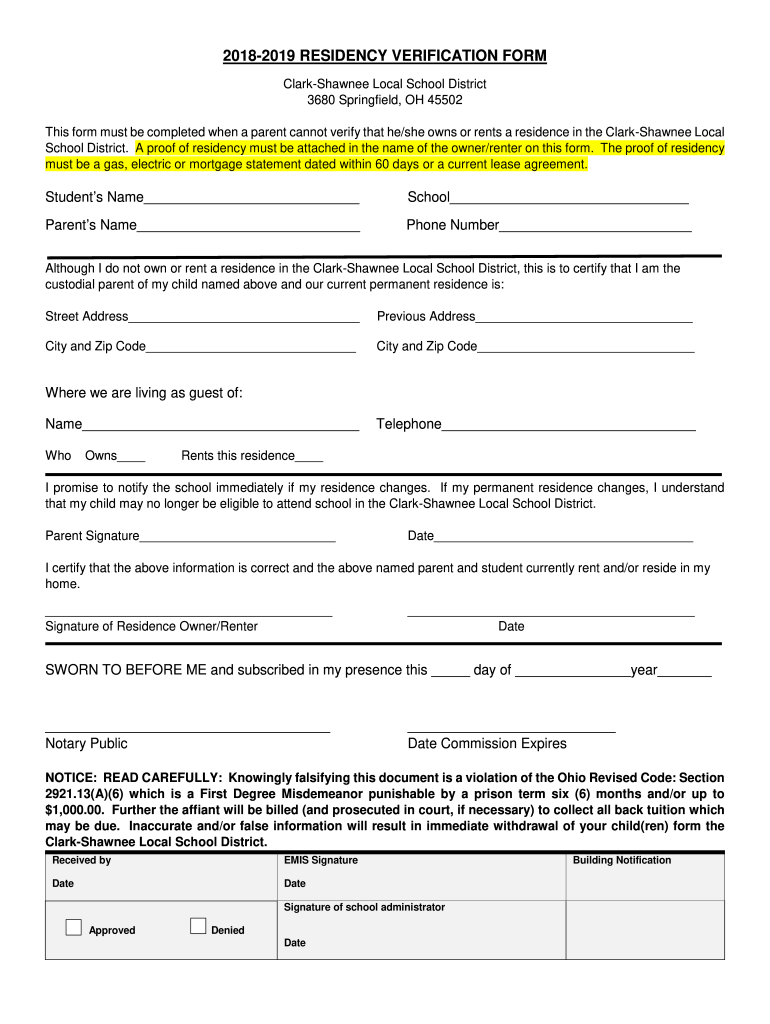 Fillable Online 2018-2019 RESIDENCY VERIFICATION FORM Fax Email Print ...