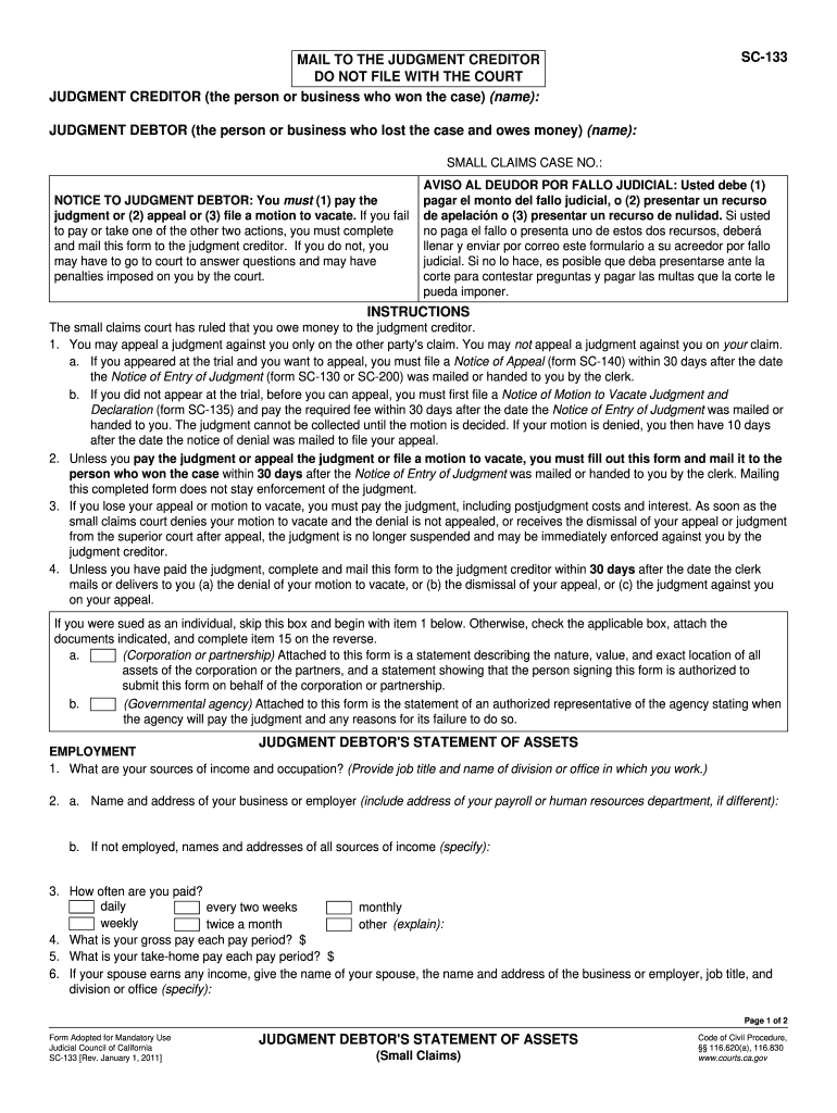 Fillable Online SC-133 JUDGMENT DEBTOR'S STATEMENT OF ASSETS(Small Claims). Judicial Council ...