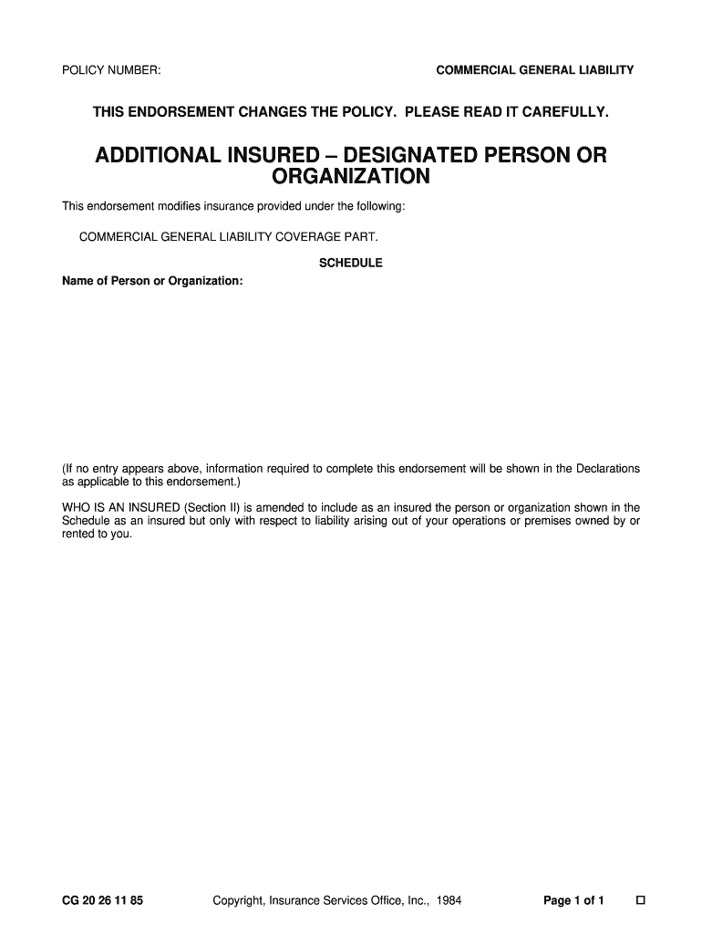 Fillable Online Additional insured Form CG2026 Fax Email Print - pdfFiller