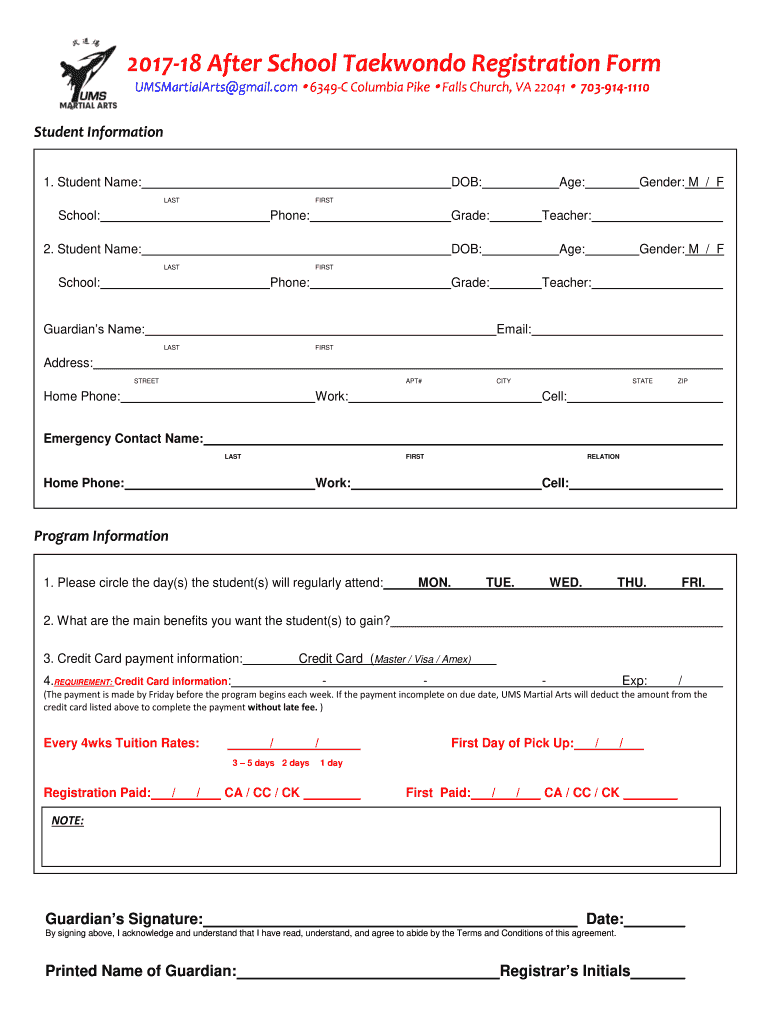 Fillable Online After School Tae Kwon Do Program We'll Pick Up Your Children Fax Email Print ...