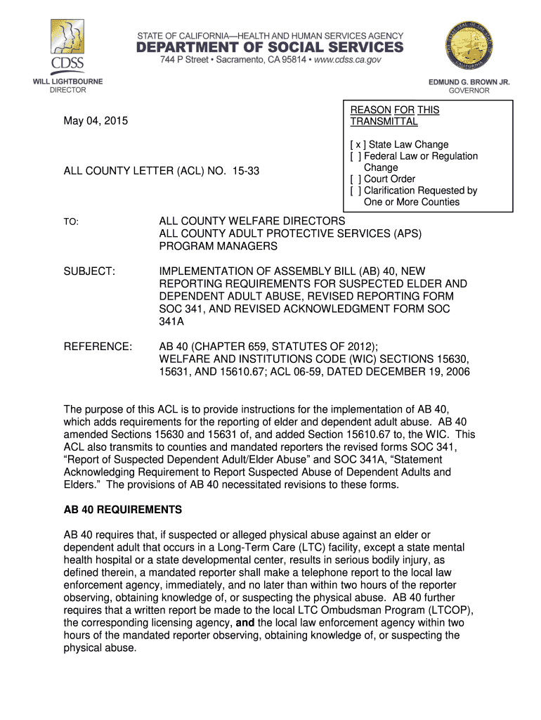 Fillable Online ALL COUNTY LETTER NUMBER 15-33. IMPLEMENTATION OF ...