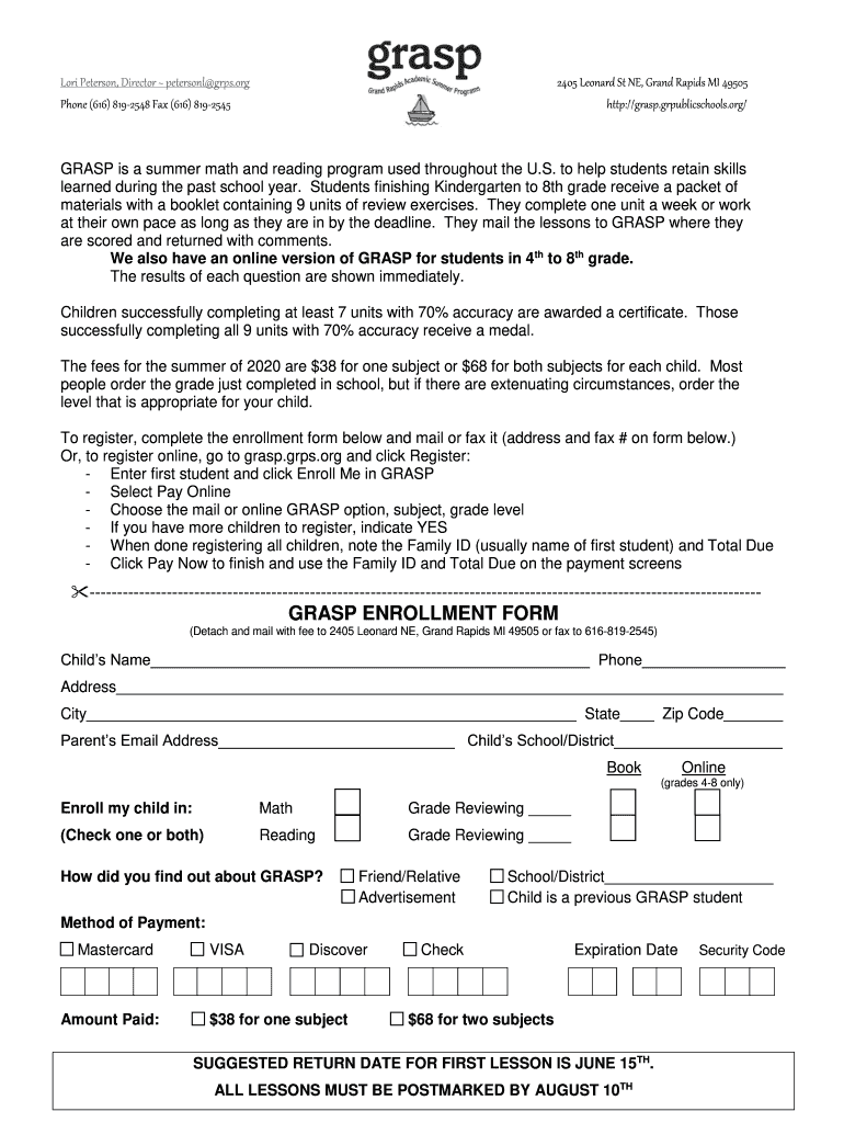 Fillable Online GRASP Program helping curb summer learning loss for ...
