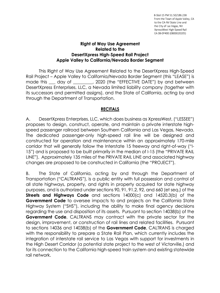 Fillable Online Right of Way Use Agreement Related to the DesertXpress ...