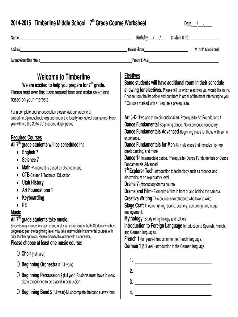 Fillable Online 7th Grade Course Worksheet Fax Email Print - pdfFiller