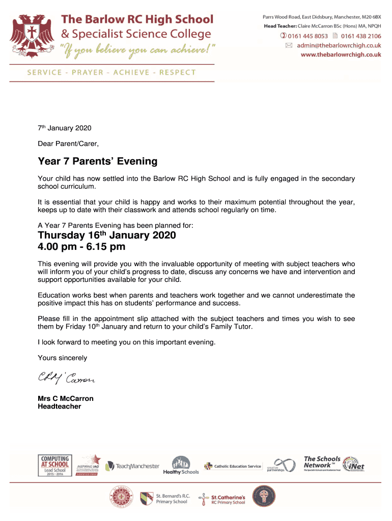 Fillable Online Year 7 Parents' Evening Thursday 16th January 2020 4.00 ...