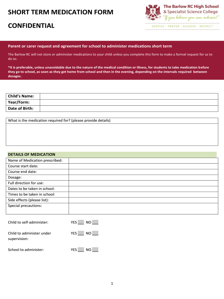 Fillable Online short term medication form confidential - The Barlow RC ...