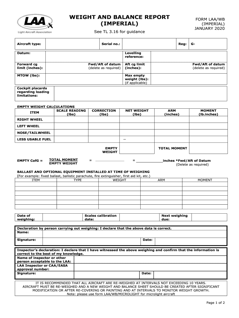 Fillable Online Fillable Online Weight and Balance form LAA/WB (Metric ...