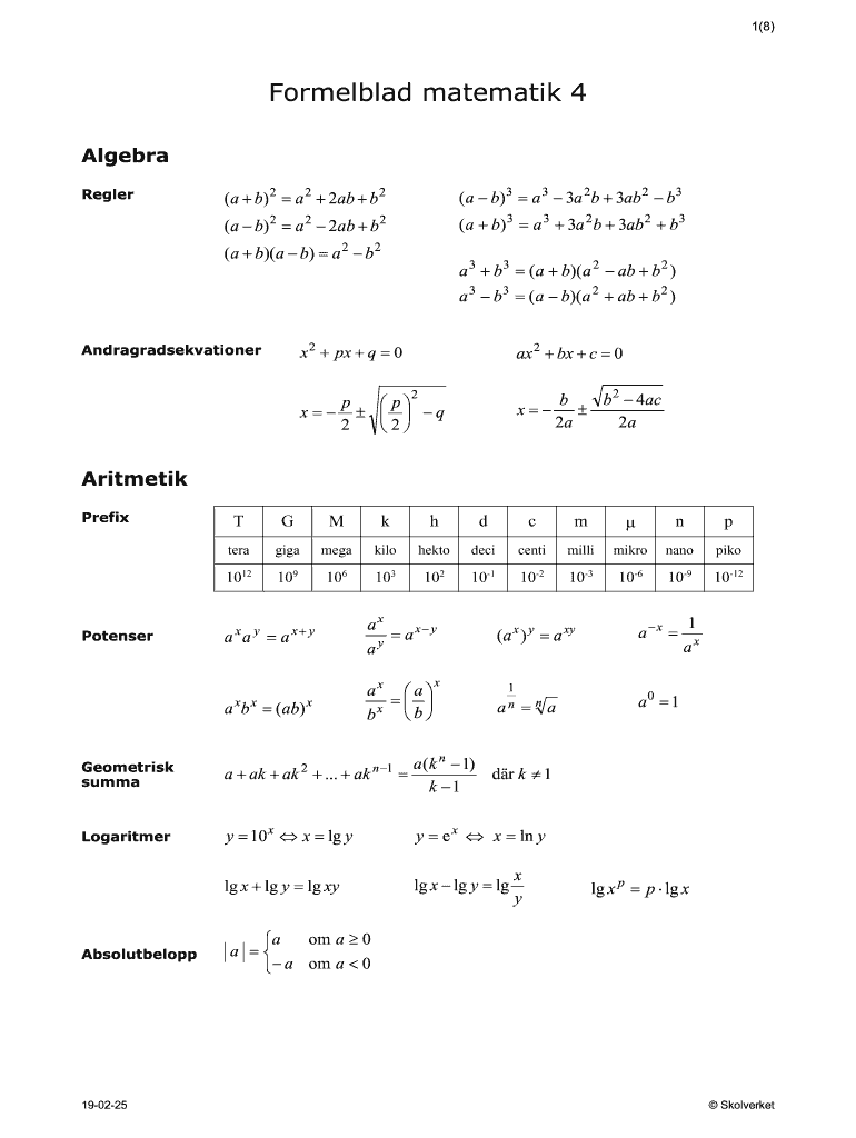 Formelblad Matte 4 - Fill Online, Printable, Fillable, Blank | pdfFiller