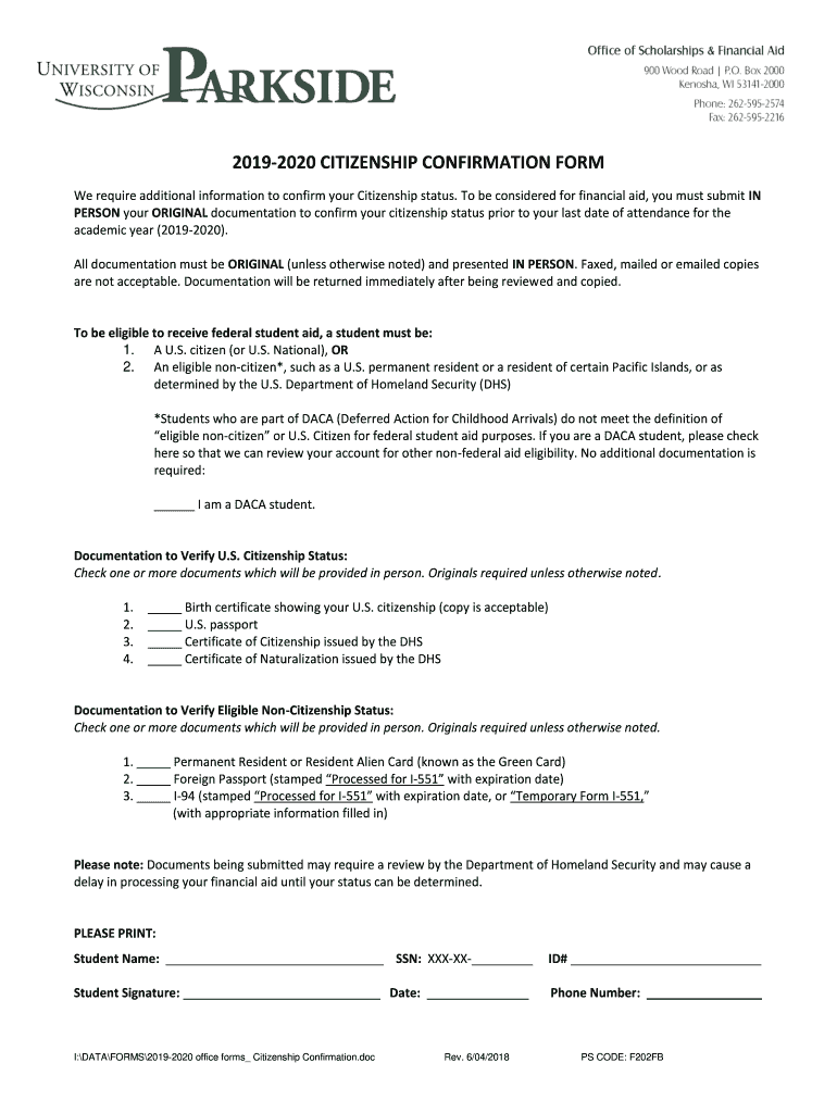 Fillable Online 2019-2020 CITIZENSHIP CONFIRMATION FORM Fax Email Print ...