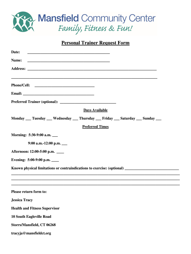 Fillable Online Personal Trainer Request Form - Town of Mansfield, CT ...