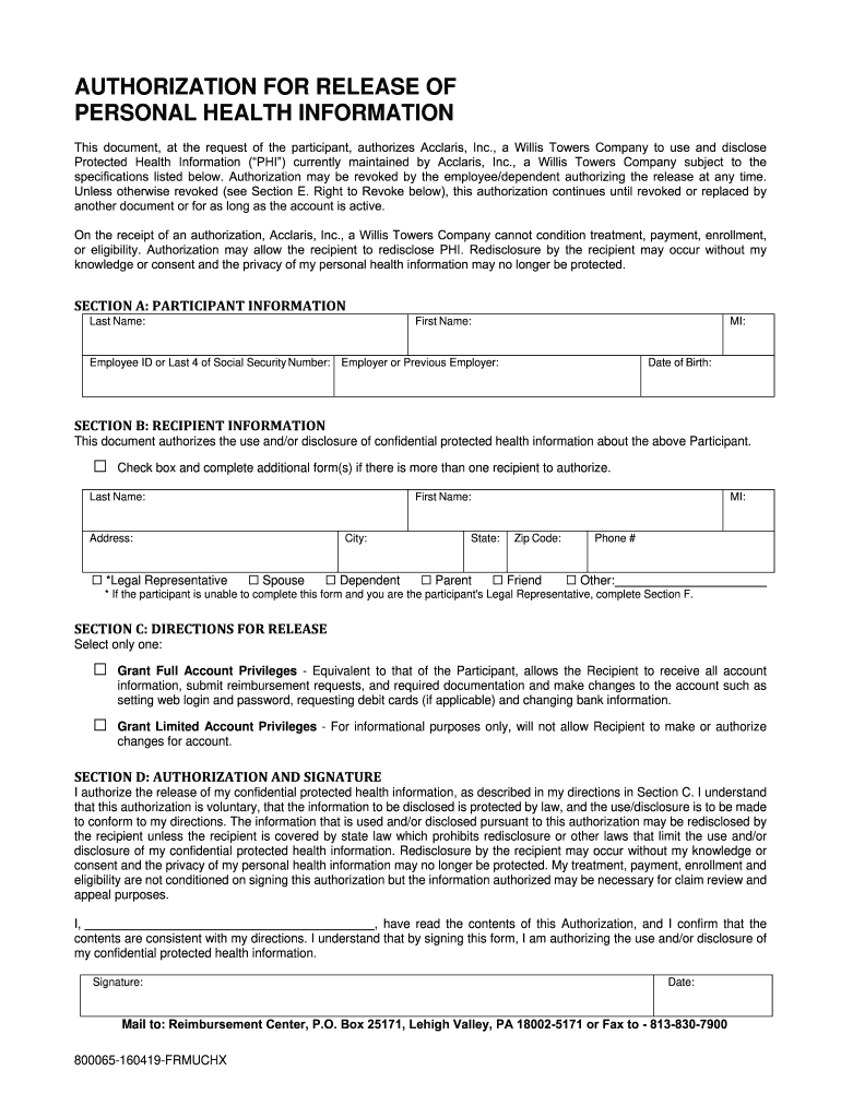 Fillable Online authorization for release of personal health ...