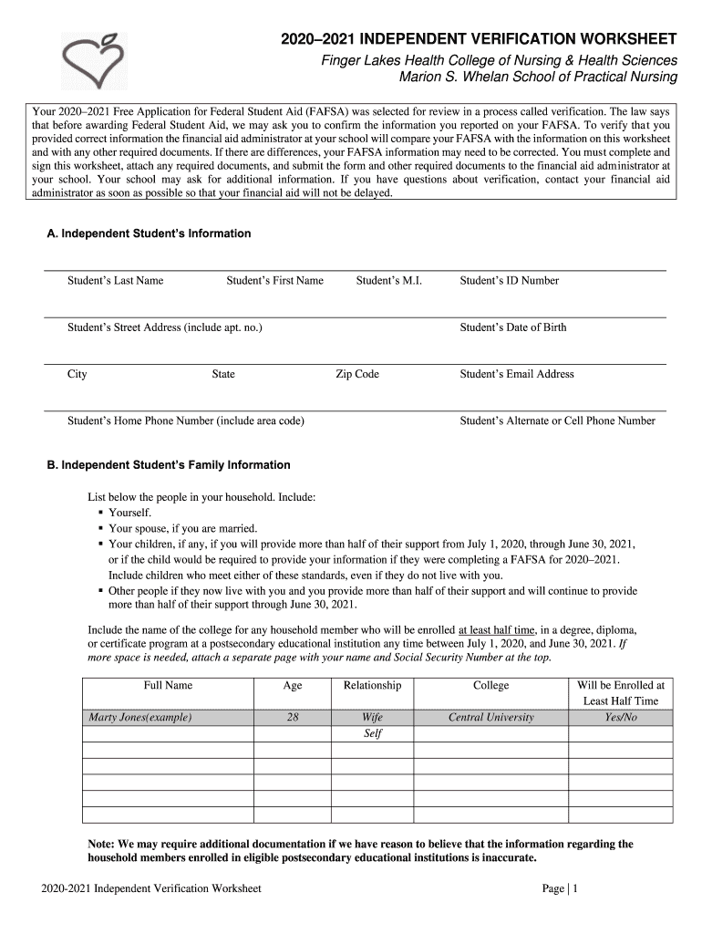 Fillable Online 20202021 independent verification worksheet - Finger Lakes ... Fax Email Print ...