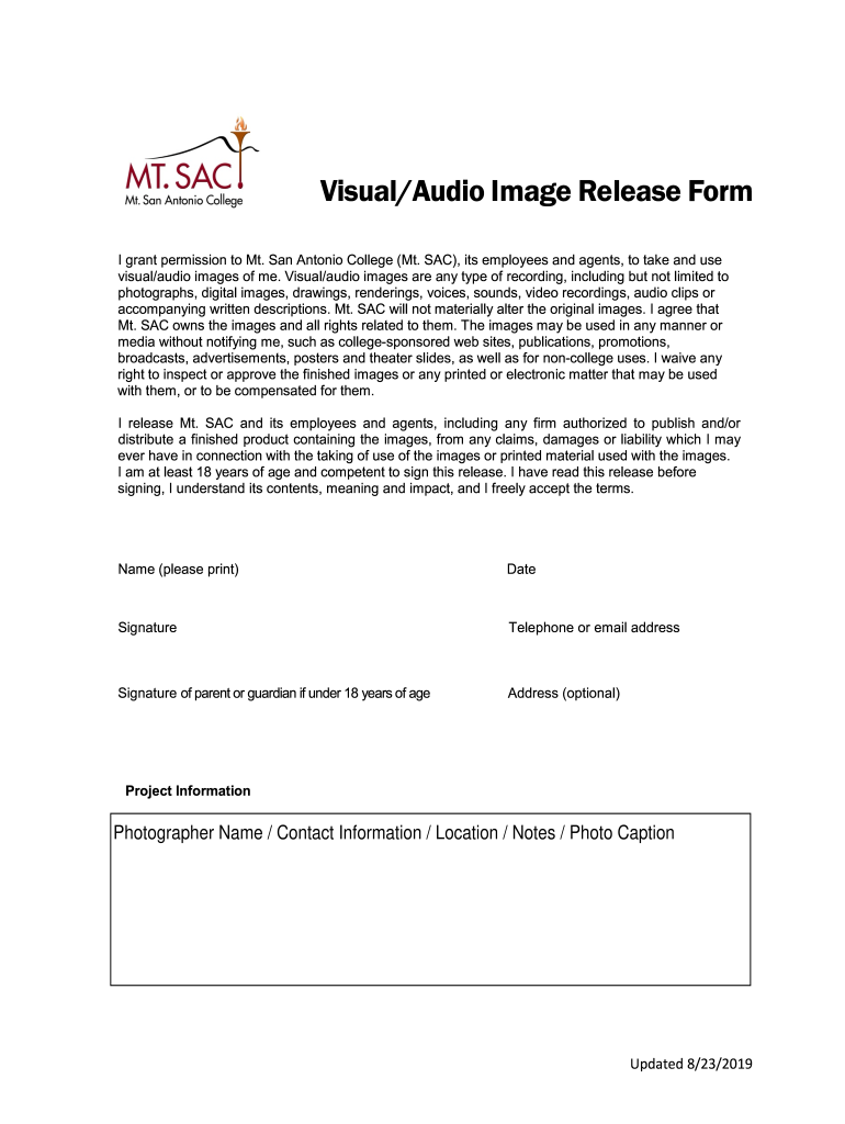 Fillable Online Visual/Audio Image Release Form - Mt. San Antonio ...