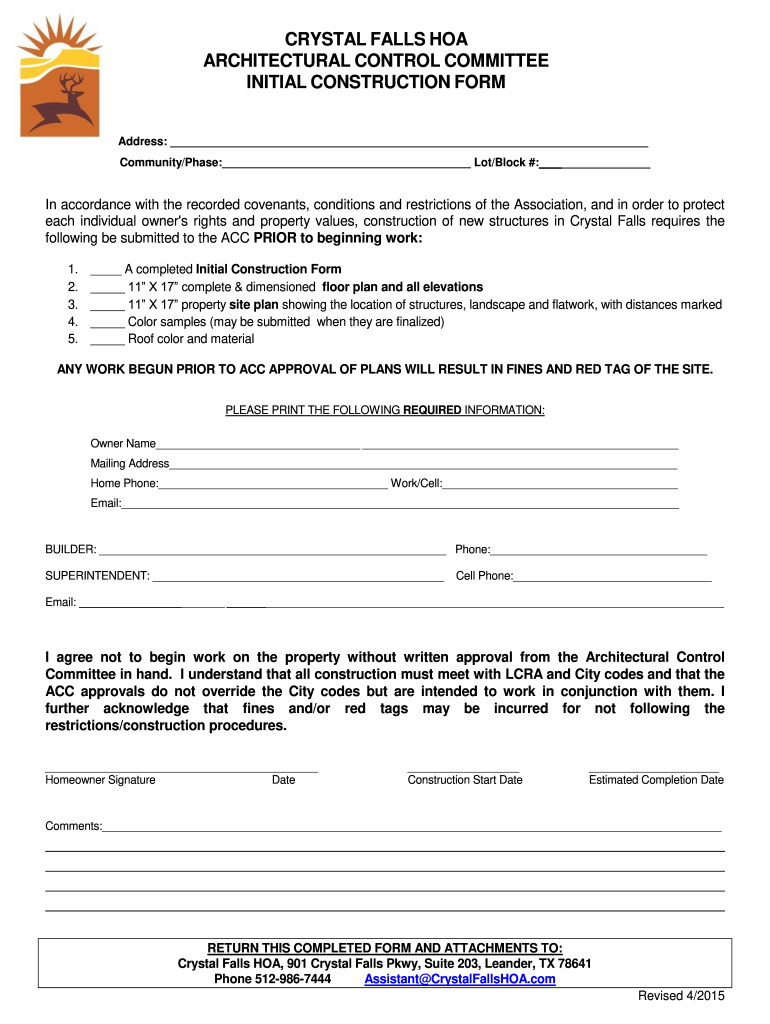 Fillable Online ACC Initial Construction Form - Crystal Falls HOA Fax ...