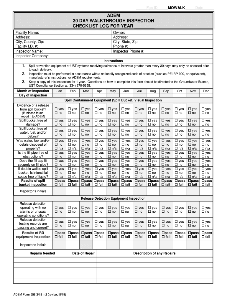 Fillable Online ADEM 30 DAY WALKTHROUGH INSPECTION CHECKLIST LOG FOR ...