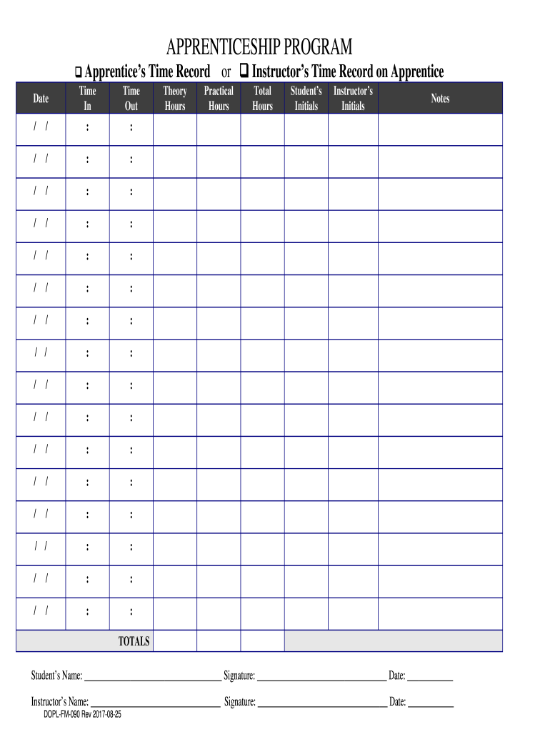 Fillable Online or Instructors Time Record on Apprentice Fax Email ...