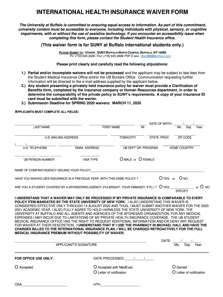 Fillable Online International Health Insurance Waiver Form - Spring ...