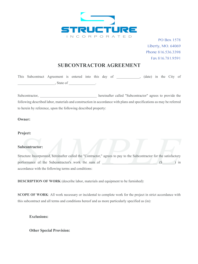 Fillable Online Structure Inc Subcontractor agreement form sample Fax ...