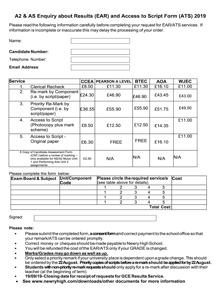 Fillable Online A2 & AS Enquiry about Results (EAR) and Access to ...