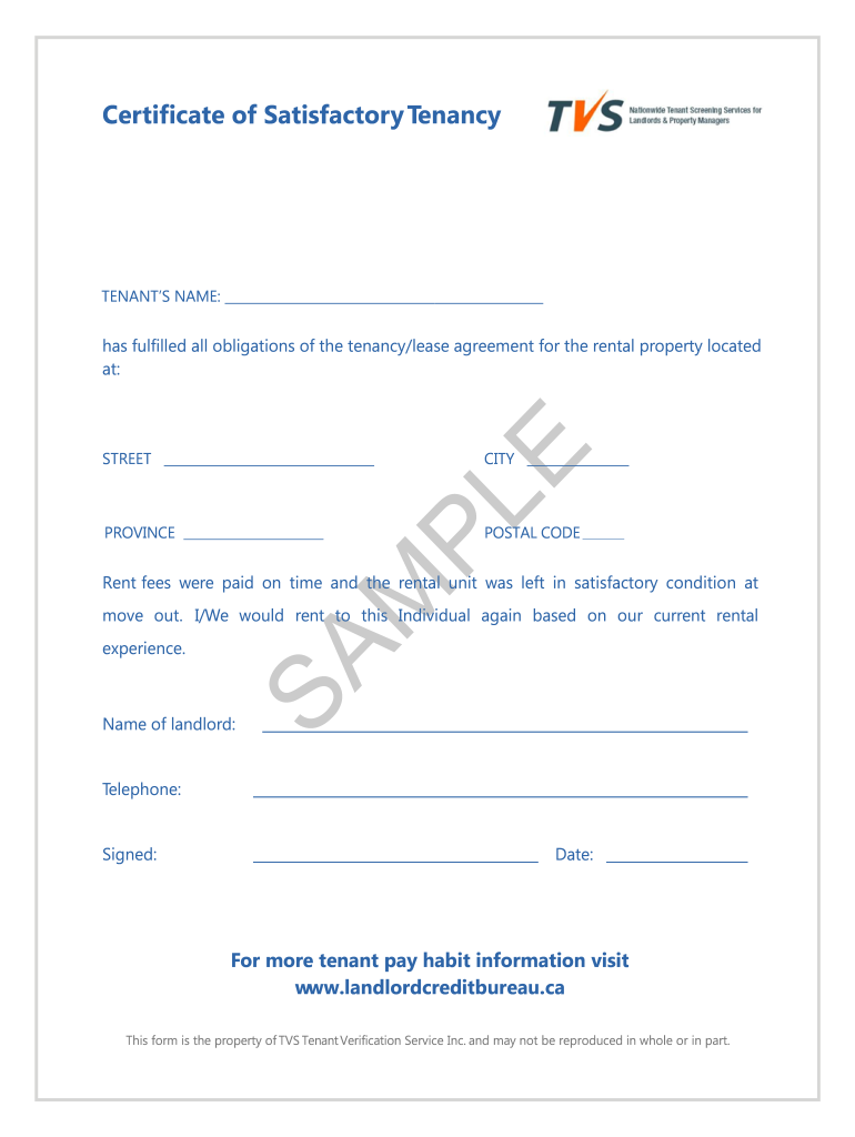 Fillable Online TVS certificate of Satisfactory Tenancy Canada copy Fax Email Print - pdfFiller