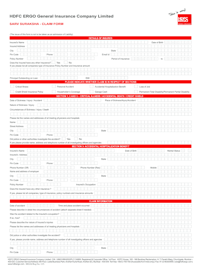 Fillable Online hdfc sarv suraksha claim form Fax Email Print - pdfFiller