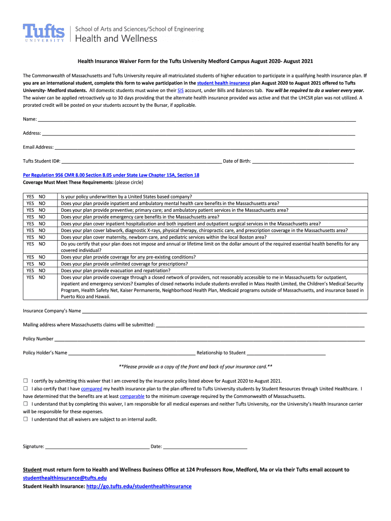 Fillable Online Health Insurance Waiver Form for the Tufts University ...