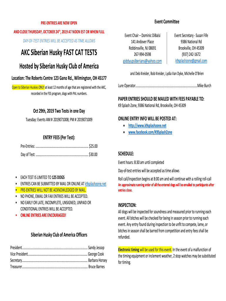 Fillable Online AKC Siberian Husky FAST CAT TESTS - American Kennel ...
