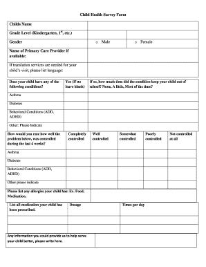 Fillable Online Child Health Survey Form - Summersville Schools Fax ...