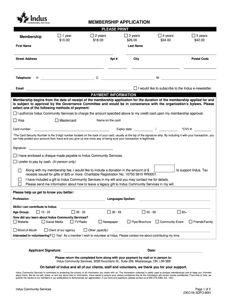 Fillable Online Indus Membership Form - Indus Community Services Fax ...
