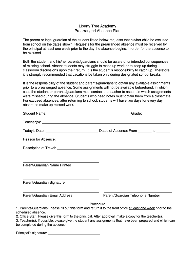 Fillable Online Prearranged Absence Form (Student) Fax Email Print ...