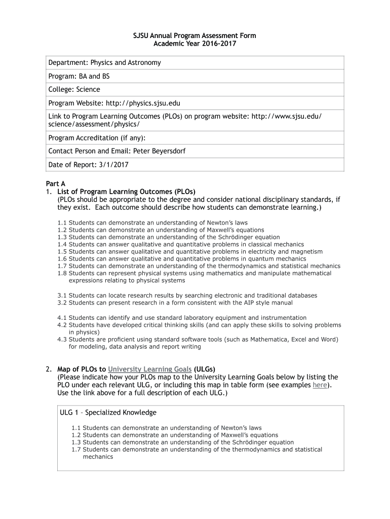 Fillable Online SJSU Annual Program Assessment Form 1. Fax Email Print ...