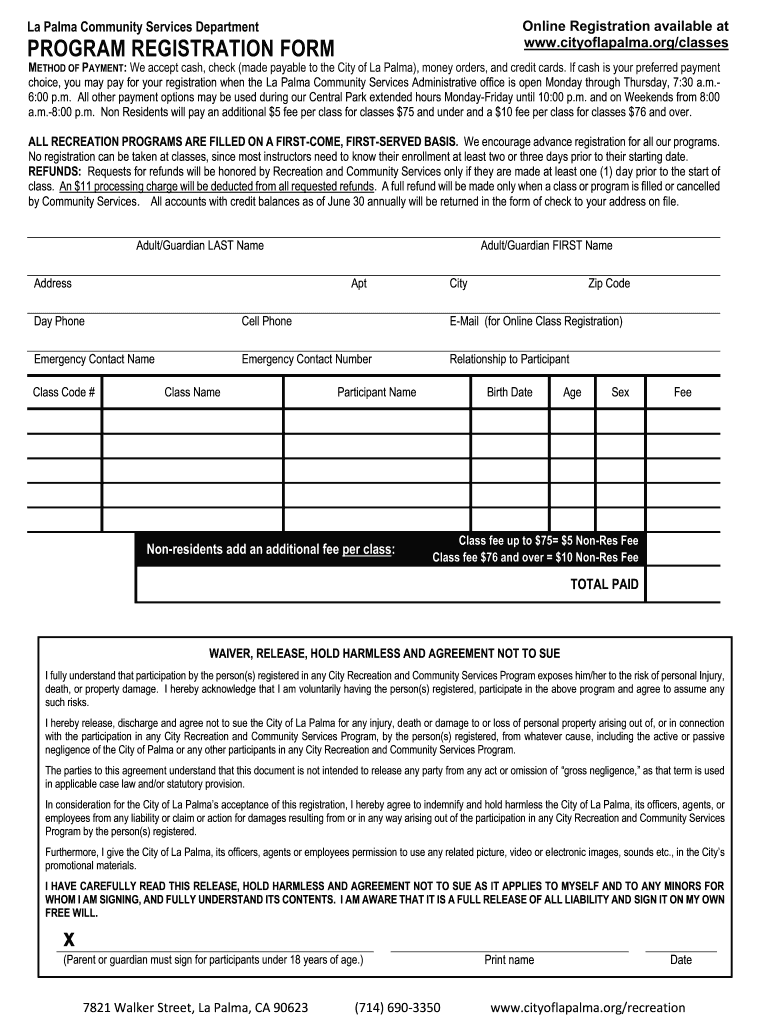 Fillable Online program registration form - City of La Palma Fax Email Print - pdfFiller