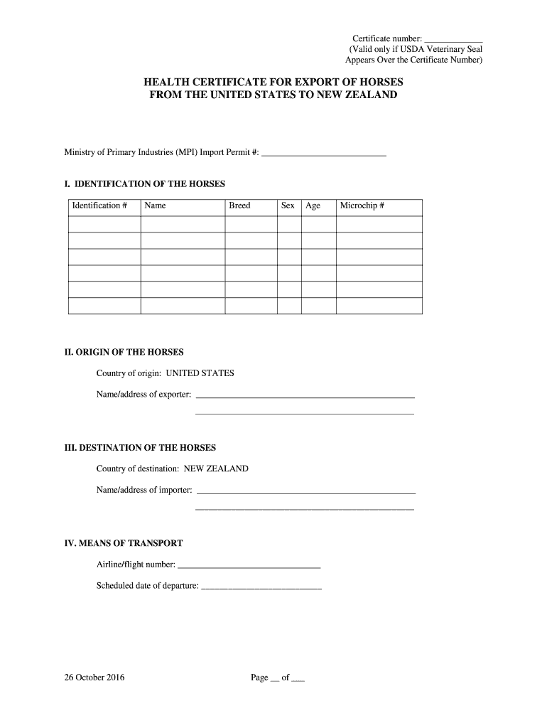 Fillable Online Health Certificate for Export of Horses from The US to ...