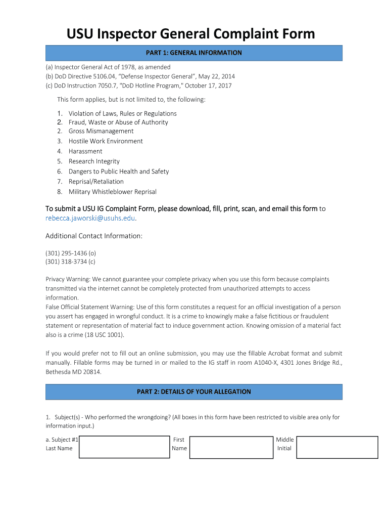 Fillable Online USU Inspector General Complaint Form Fax Email Print ...