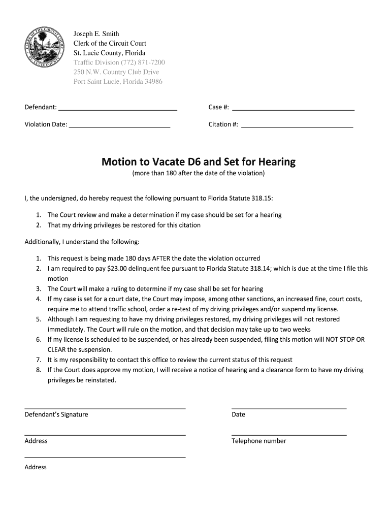 Fillable Online Motion ot Vacate D6 More Than 180. Motion ot Vacate D6 ...