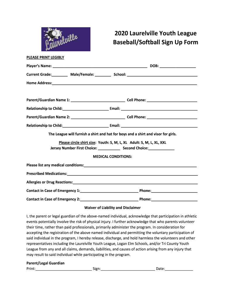 Fillable Online 2020 Laurelville Youth League Baseball/Softball Sign Up ...