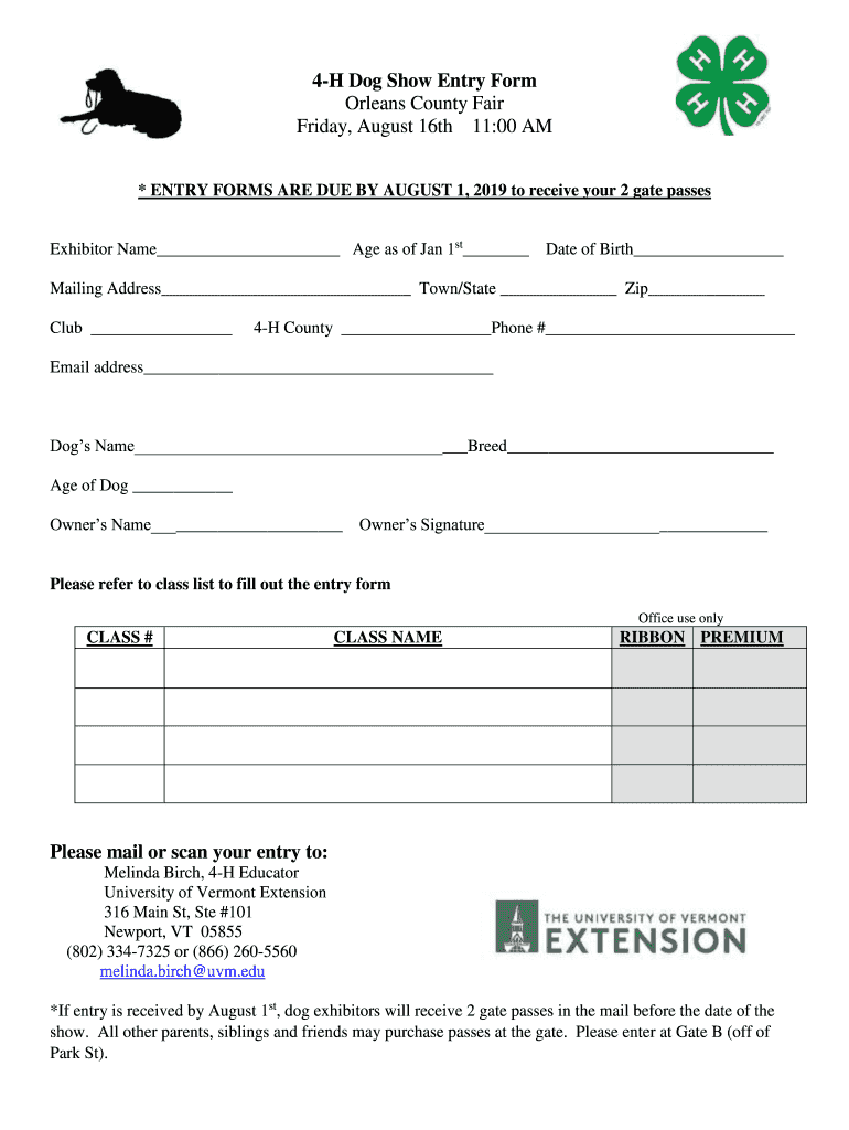 Fillable Online 4-H Dog Show Entry Form Orleans County Fair Friday ...