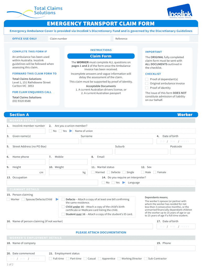 Fillable Online EMERGENCY TRANSPORT CLAIM FORM Fax Email Print - pdfFiller