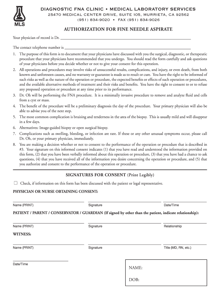 Fillable Online DIAGNOSTIC FNA CLINIC MEDICAL LABORATORY SERVICES Fax ...