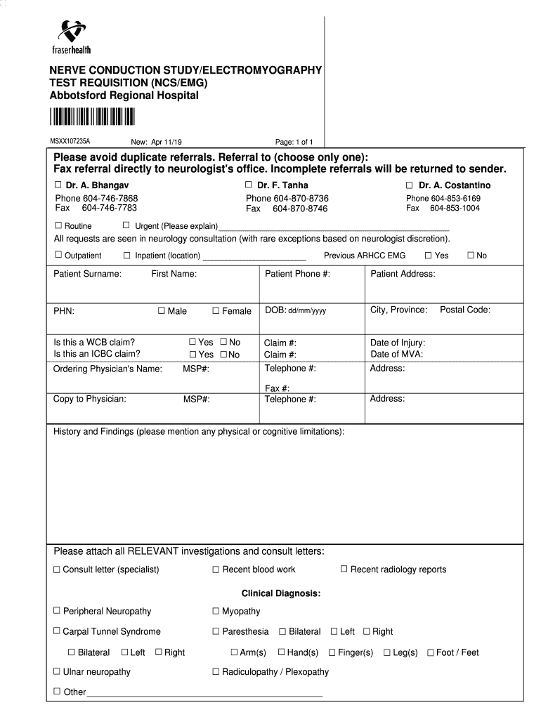 Fillable Online EMG & NCS Requisition - Fraser Health Medical Staff Fax Email Print - pdfFiller