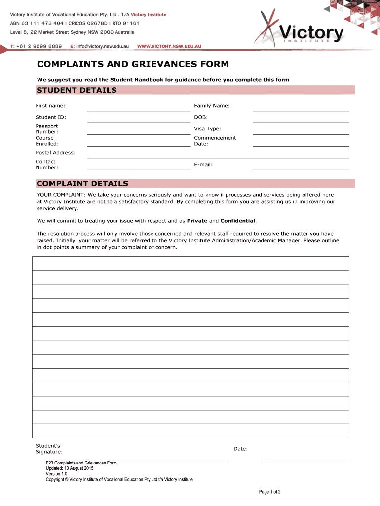 Fillable Online COMPLAINTS AND GRIEVANCES FORM - victory.nsw.edu.au Fax Email Print - pdfFiller