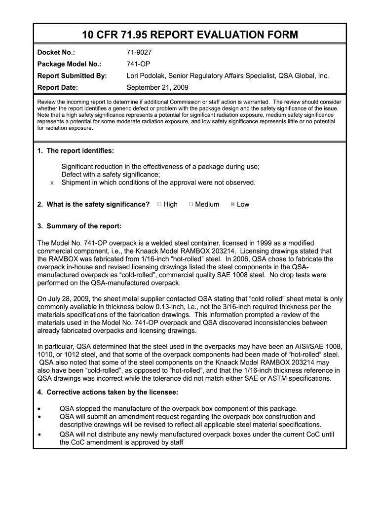 Fillable Online 10 CFR 71.95 Report Evaluation Form on QSA Global, Inc ...