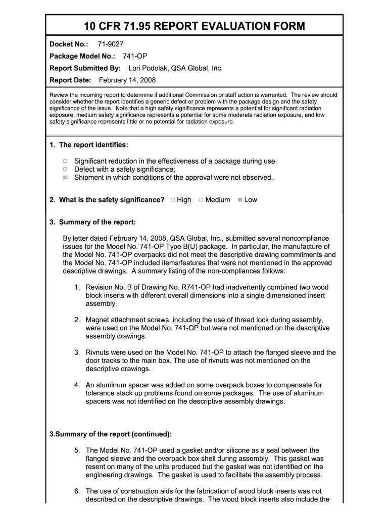 Fillable Online 10 CFR 71.95 Report Evaluation Form for Package Model ...