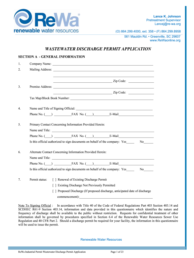 Fillable Online ReWa Industrial Permit Wastewater Discharge Permit ...