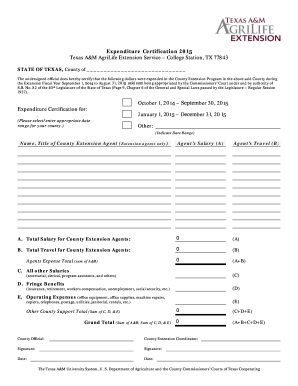Fillable Online Expenditure Certification 201 Texas A&M AgriLife ...